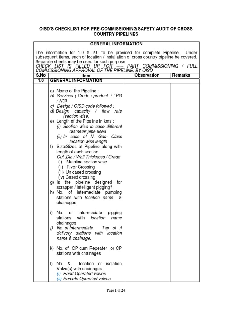 Oisd S Checklist For Pre-Commissioning Safety Audit of Cross Country Pipelines General ...