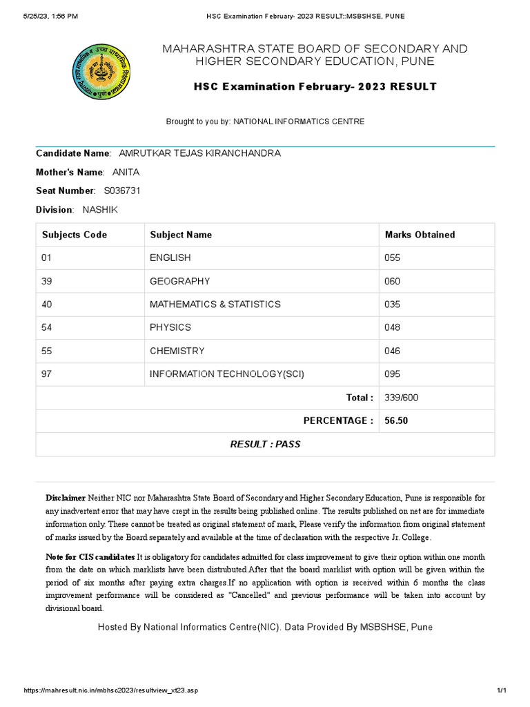HSC Examination February - 2023 RESULT - MSBSHSE, PUNE | PDF