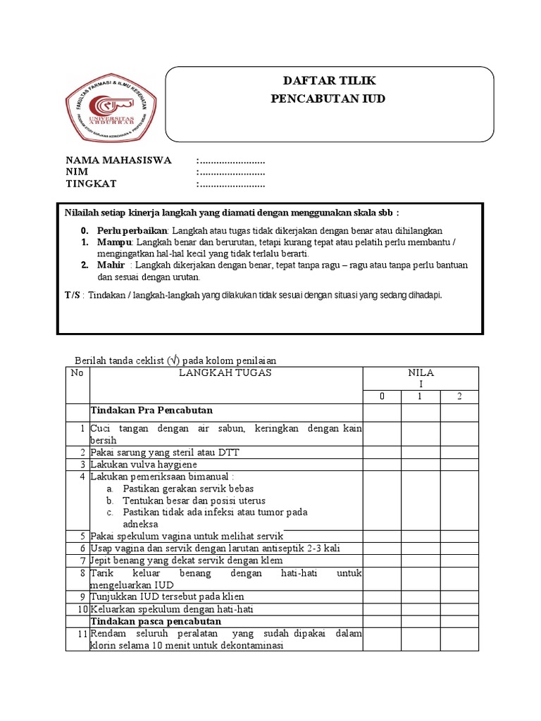 Daftar Tilik Pencabutan IUD Untu Ujian Osce-1 | PDF