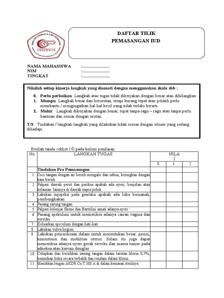 Daftar Tilik Pemasangan IUD Untuk Ujian Osce-1 | PDF