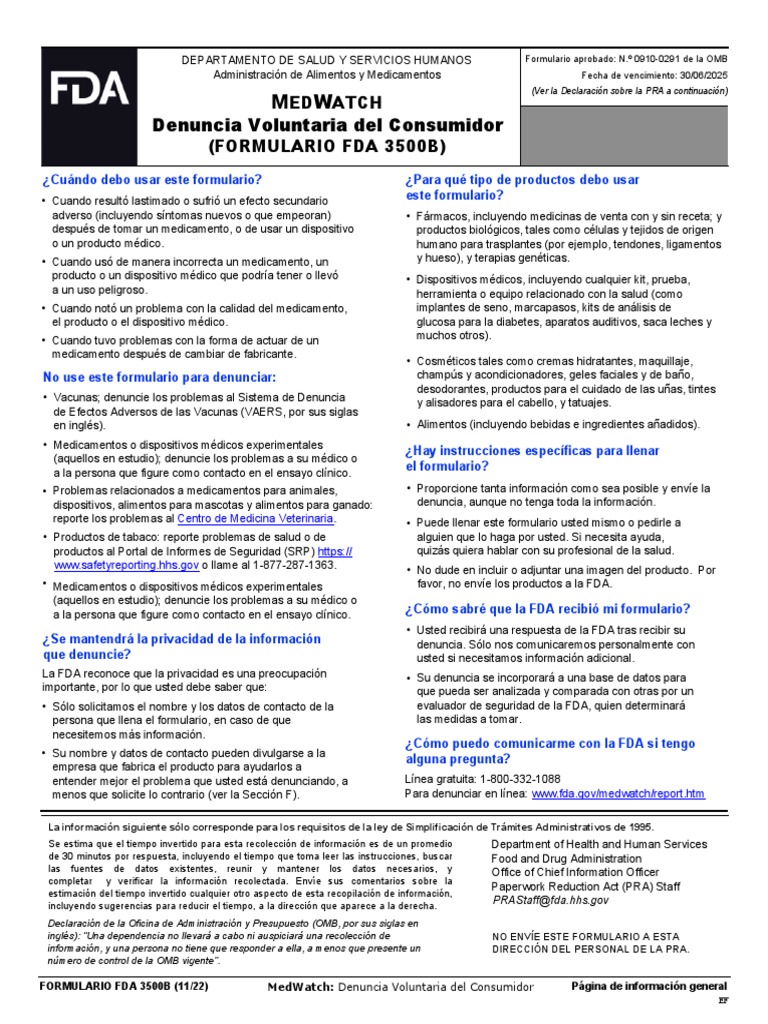 Formulario FDA 3500B: Denuncia de Efectos | PDF | Suplementos ...