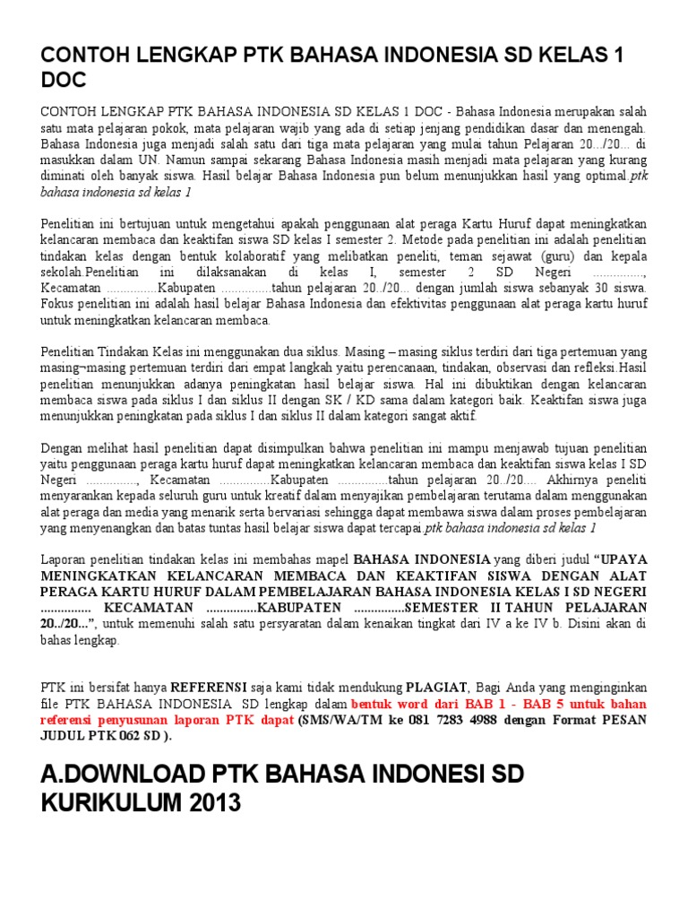Contoh Lengkap PTK Bahasa Indonesia SD Kelas 1 | PDF | Karier & Perkembangan