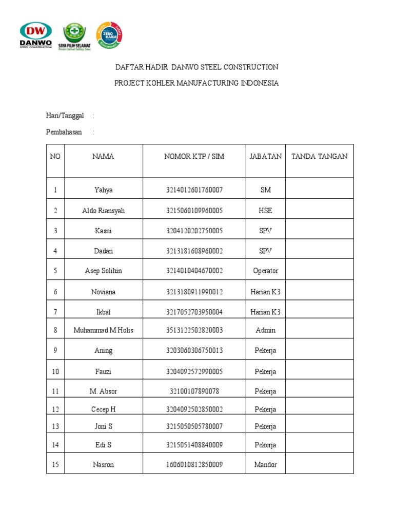 DAFTAR HADIR PT DANWO STEEL SEJATI | PDF