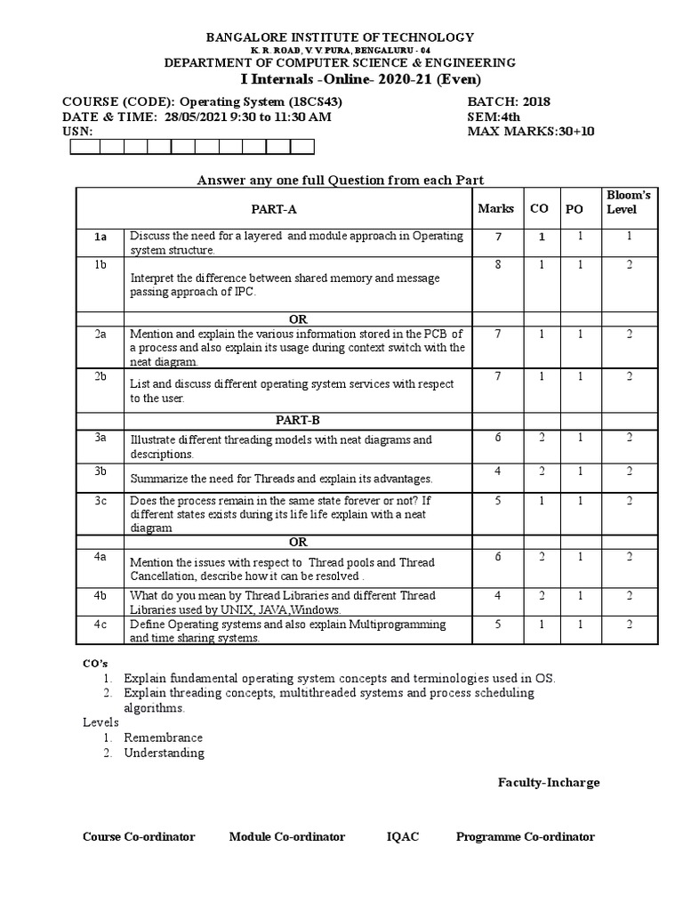 I Internals Question Paper 2020-21 OS | PDF