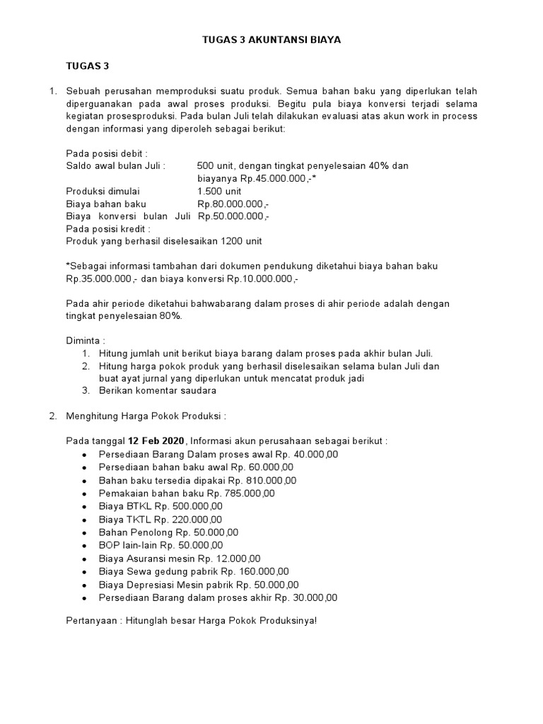 Tugas 3 - Akuntansi Biaya I PAJA3336 | PDF