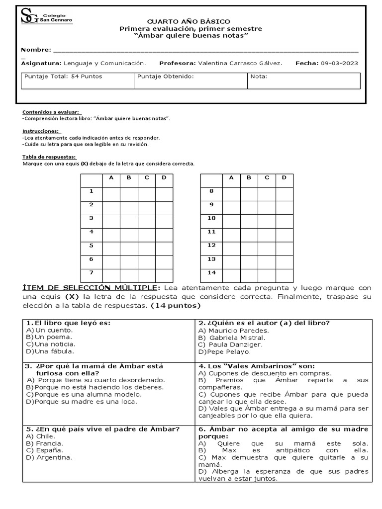 Prueba Lectura Ámbar Quiere Buenas Notas 4° Básico | PDF