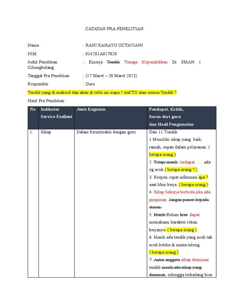 Catatan Pra Penelitian Rani Rahayu | PDF