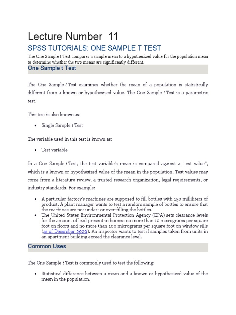 L 11, One Sample Test | PDF | Student's T Test | Statistical Hypothesis ...