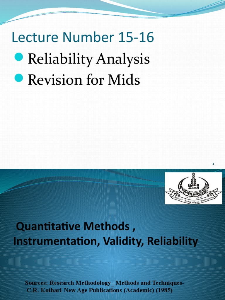 L 15-16, Reliability Analysis | PDF | Validity (Statistics) | Usability