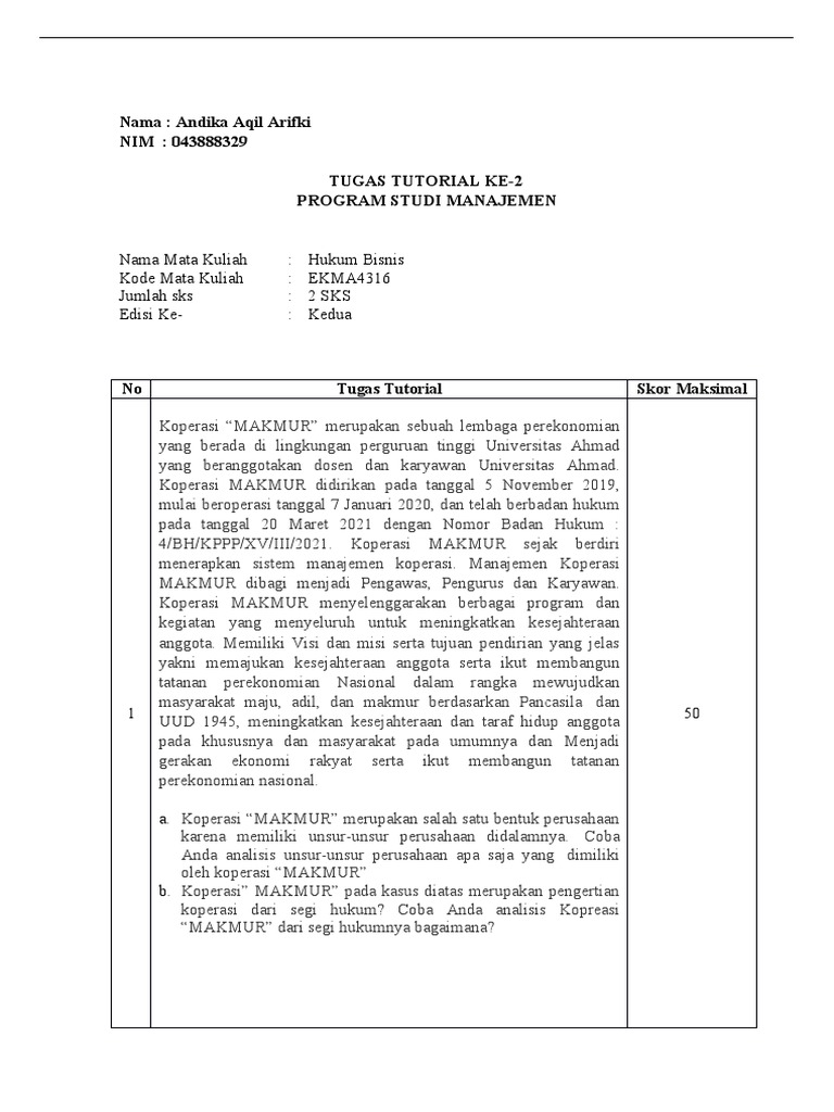Nama: Andika Aqil Arifki NIM: 043888329 Tugas Tutorial Ke-2 Program Studi Manajemen | PDF