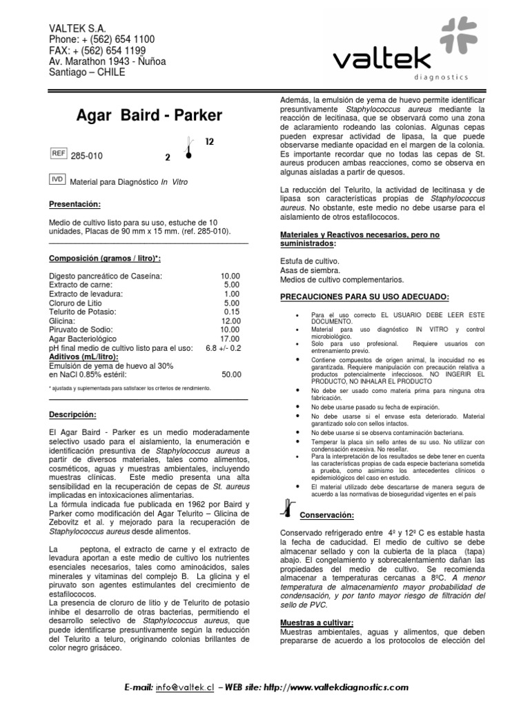 Agar Baird Parker Valtek 1 | PDF | Staphylococcus Aureus | Alimentos