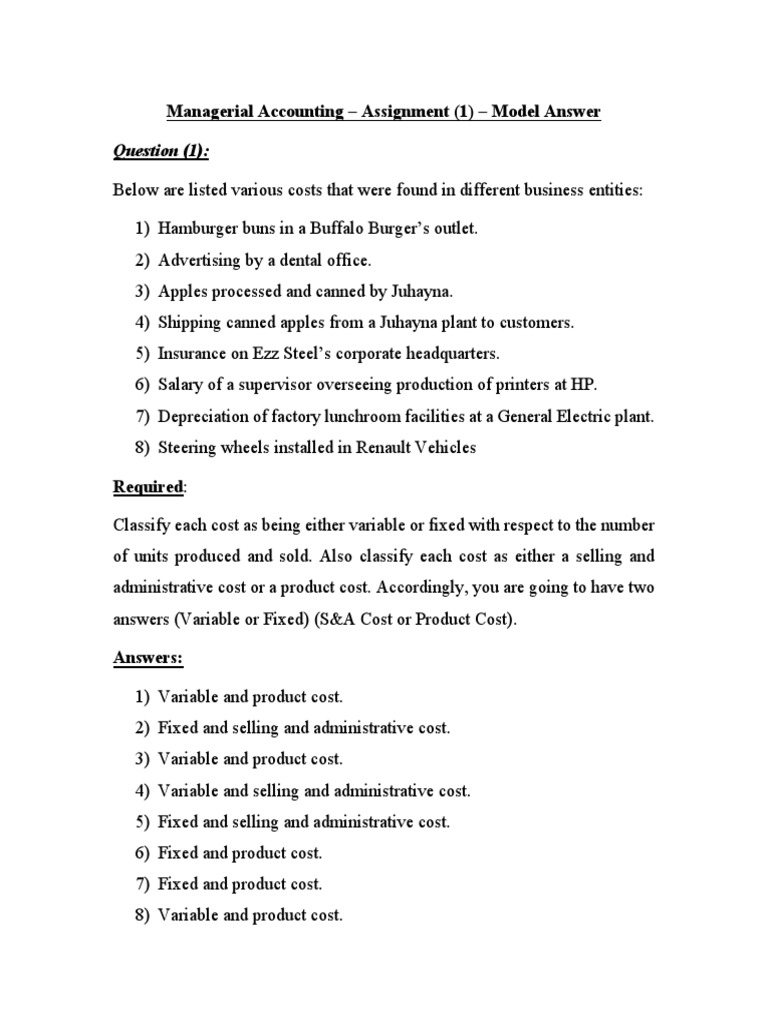 Managerial Accounting Assignment 1 - Model Answer | PDF | Cost ...