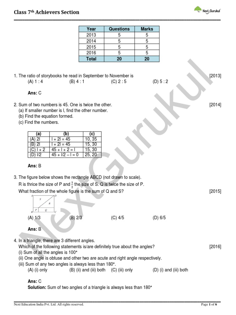 Class 7 Maths Olympiad Achievers Section Previous Years Papers With ...