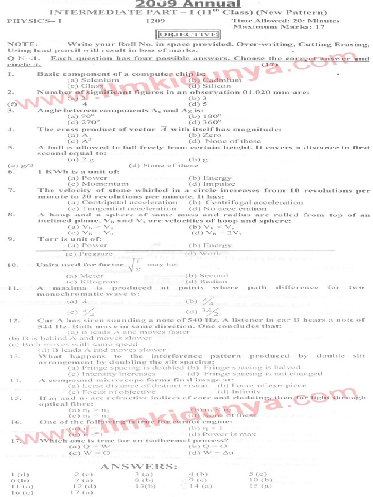 Past Papers 2009 Multan Board Inter Part 1 Physics Objective | PDF