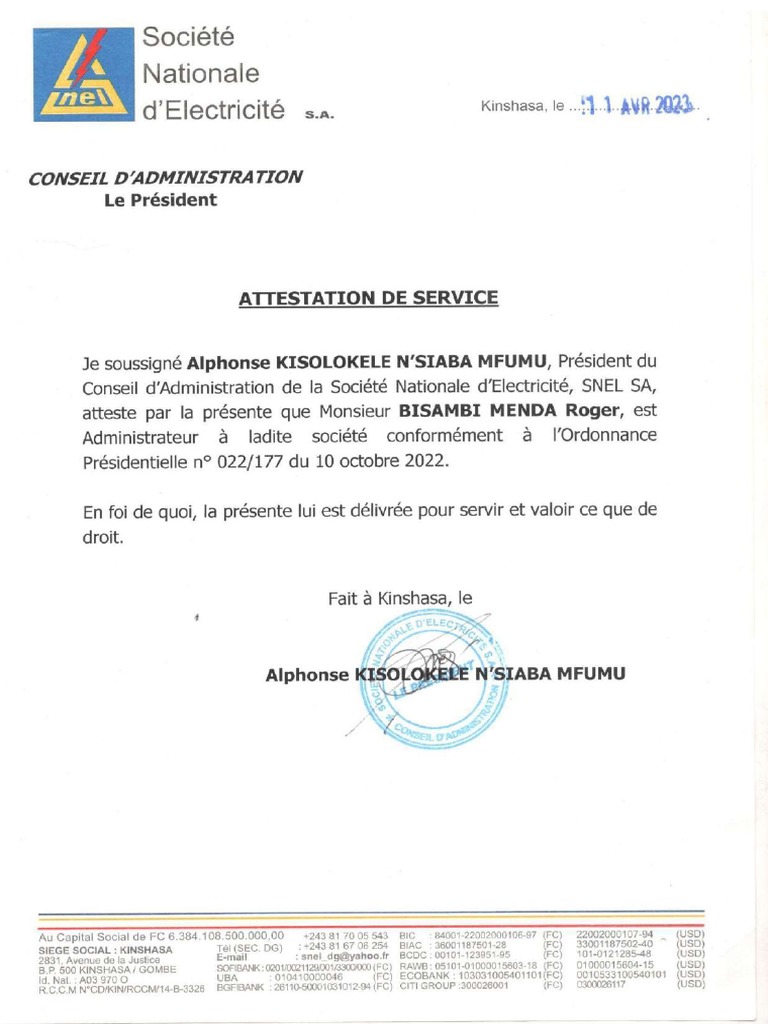 Attestation de Service SNEL | PDF