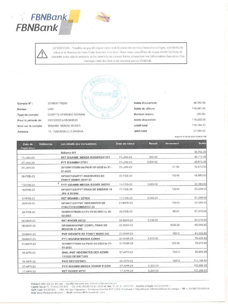Relevé Bancaire FBN | PDF