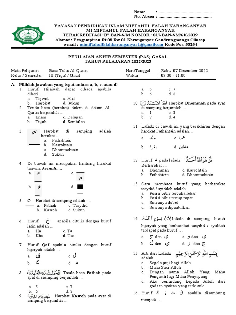 Pas Bta Kelas 3 2022 | PDF