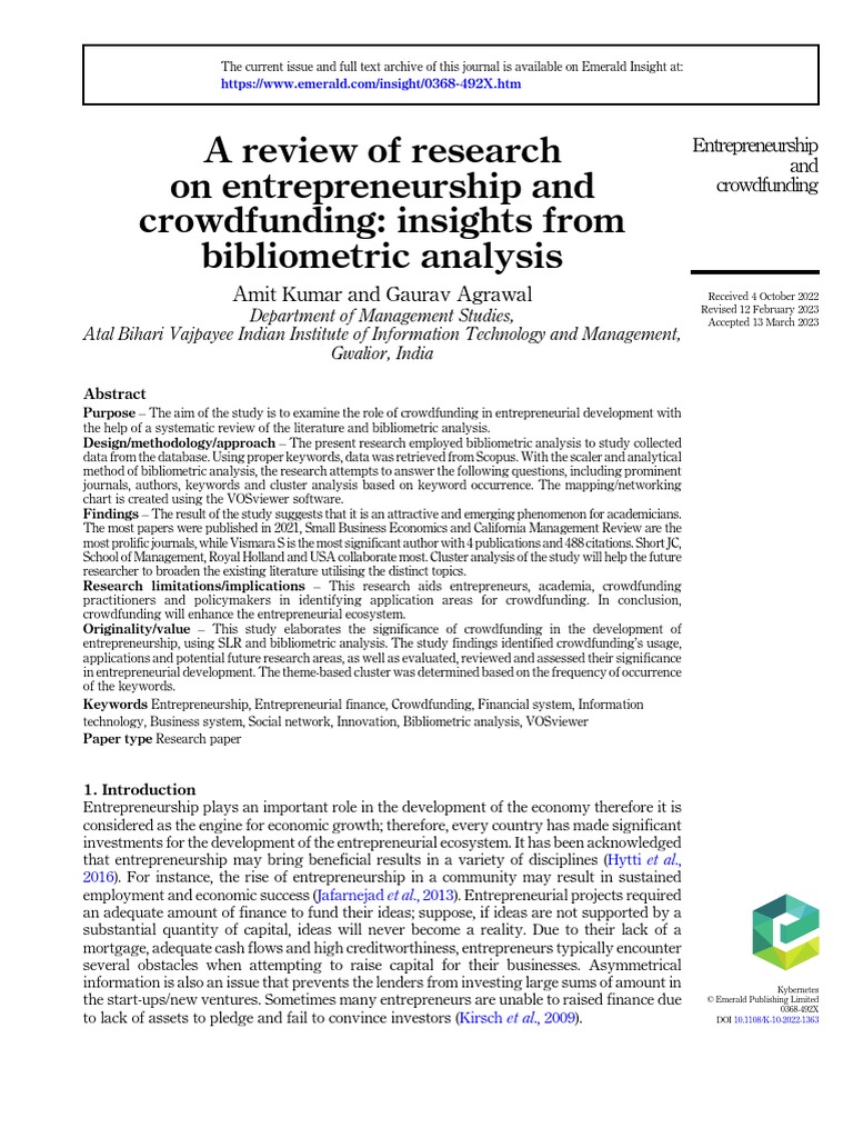 A Review of Research On Entrepreneurship and Crowdfunding: Insights ...