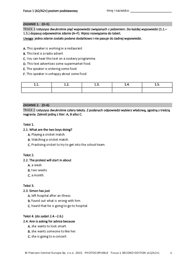 Focus 1 A2/A2+ Test Exercises | PDF