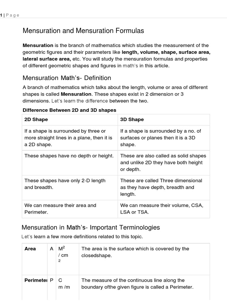 Mensuration and Mensuration Formulas PDF | PDF | Area | Shape