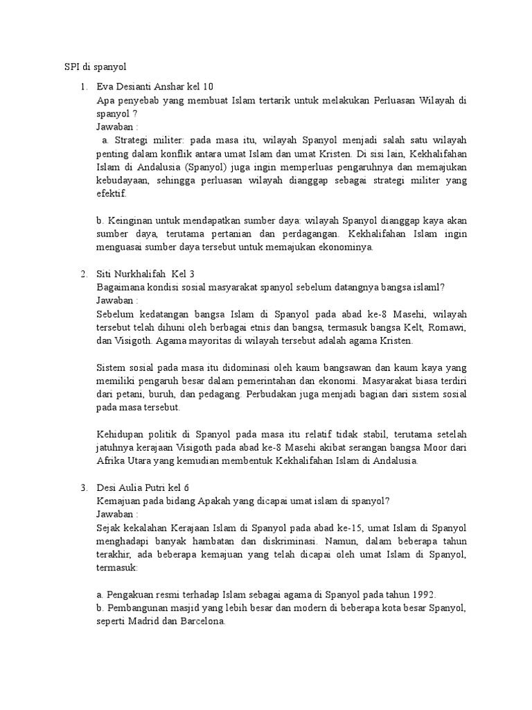 Pertanyaan Dan Jawaban - SPI Di Spanyol Kel 5 | PDF