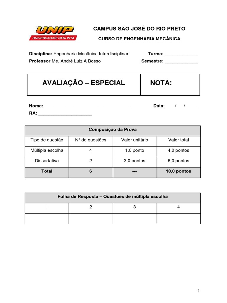 PROVA FINAL - Eng Mecanica Interdisciplinar | PDF