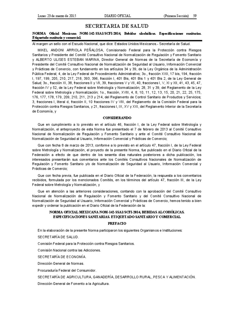 Norma NOM-142-SSA1/SCFI-2014 sobre Bebidas | PDF | Bebida | Vino