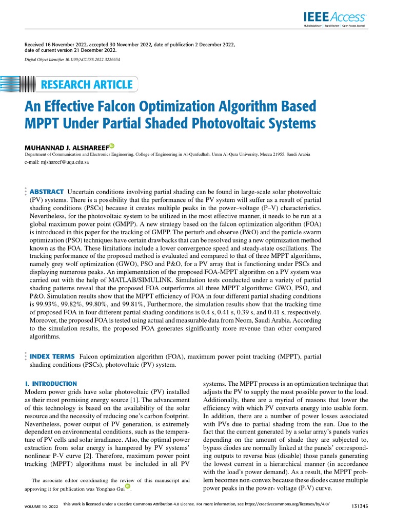 An Effective Falcon Optimization Algorithm Based Mppt Under Partial Shaded Photovoltaic Systems