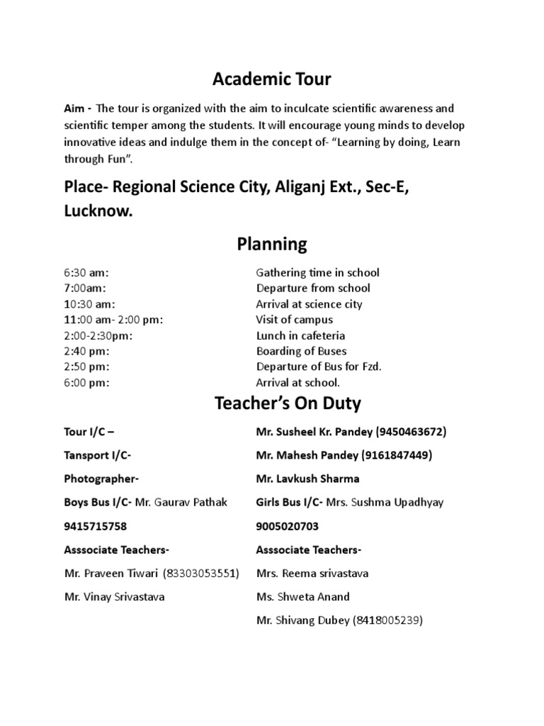 Lucknow Academic Science Tour Details | PDF | Wellness