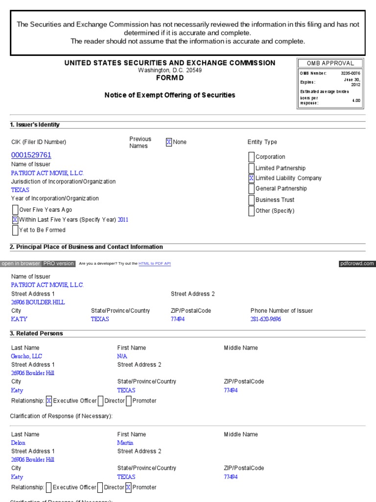 SEC Form D: Patriot Act Movie, LLC | PDF | Service Of Process ...