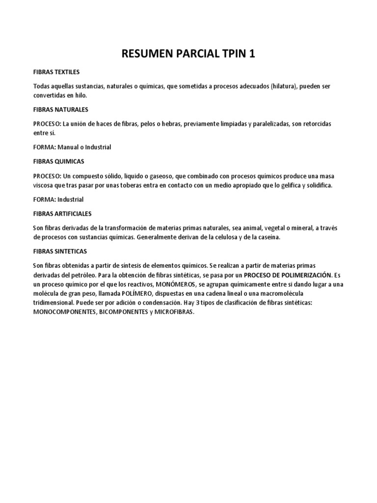 Resumen Parcial TPIN 1 | PDF | Fibra sintética | Polímeros