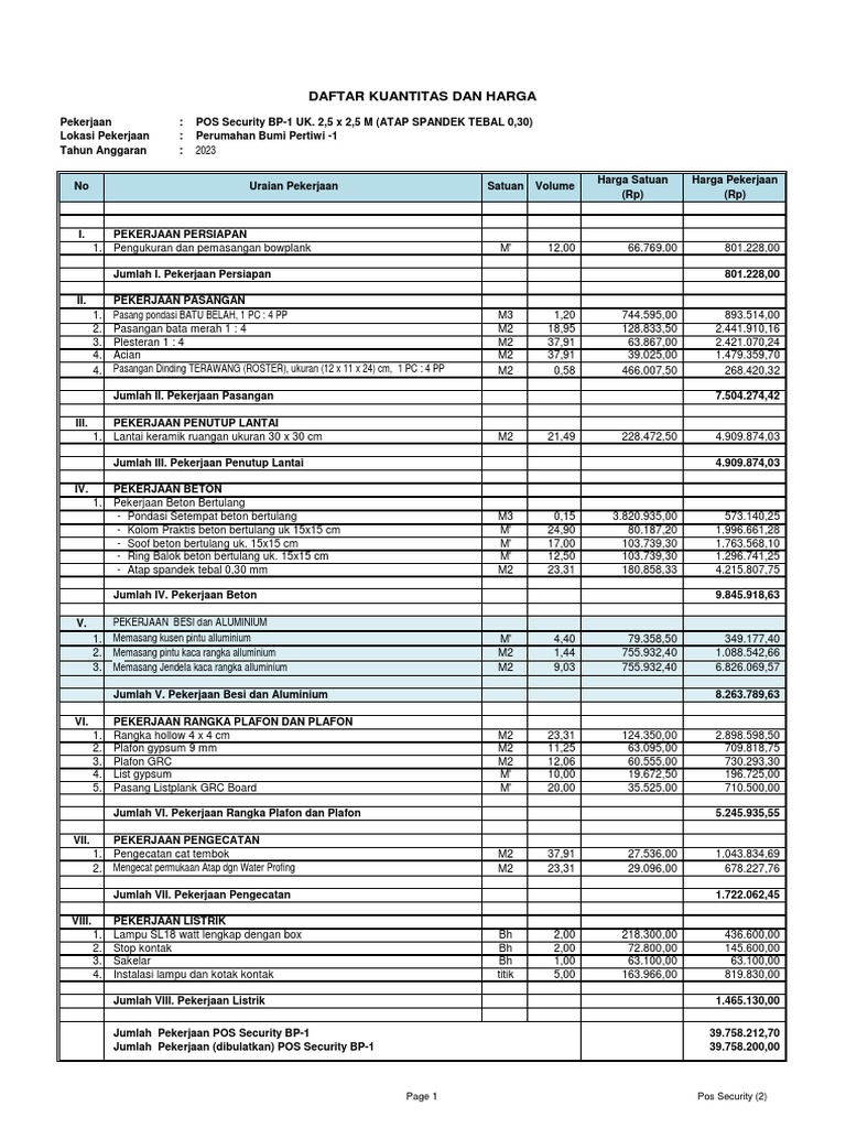 RAB Pos Security BP-1 (ATAP SPANDEK TEBAL 0,30) | PDF