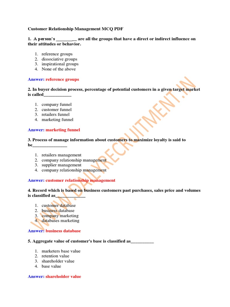 Customer Relationship Management MCQs | PDF | Customer Relationship ...