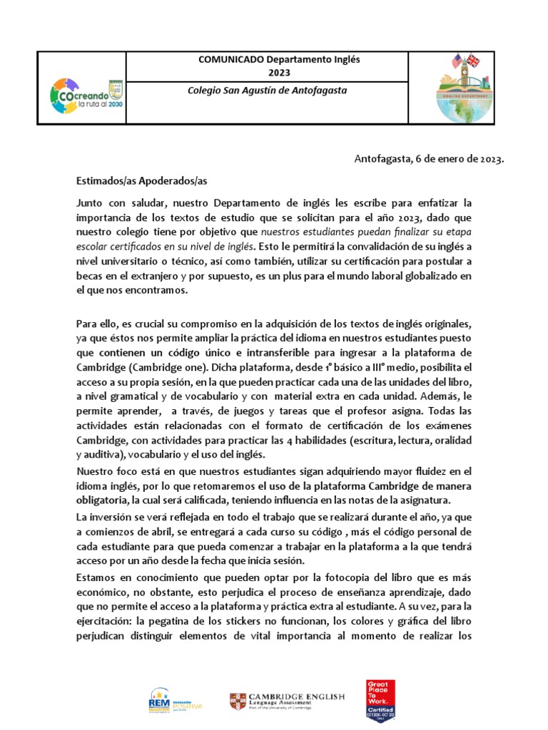 Comunicado Departamento de Inglés 2023 | PDF | Idioma en Inglés | Cognición