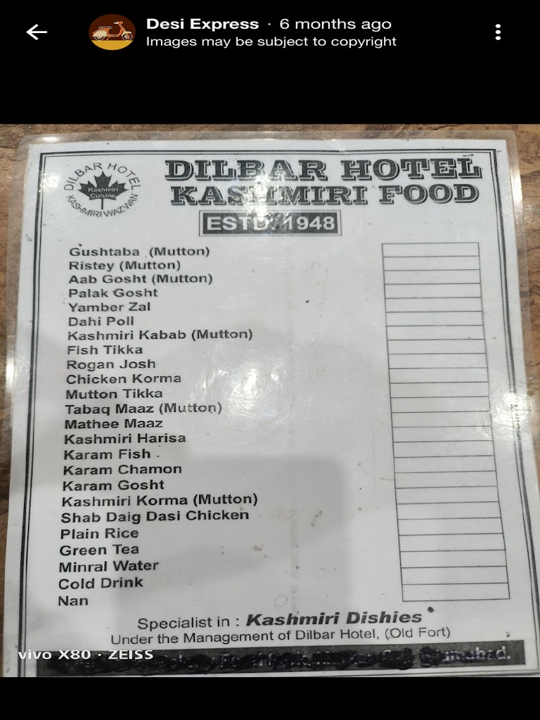 Dilbar Hotel Menu - Google Search | PDF