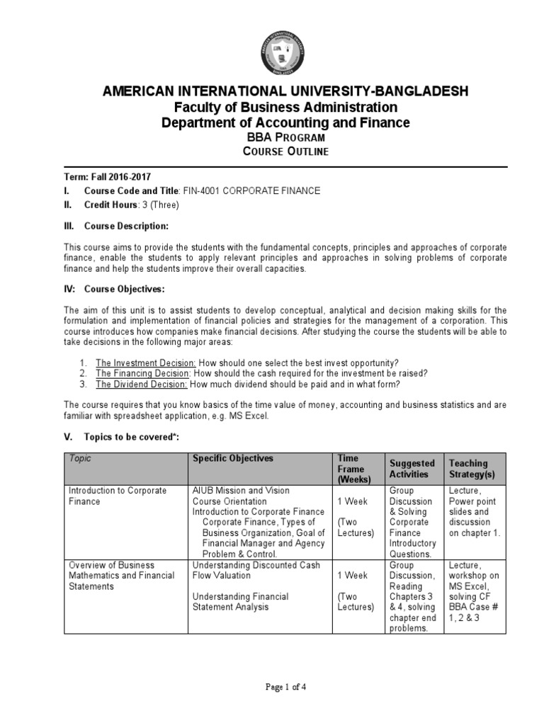 Class 1 CF BBA Course Outline | PDF | Cost Of Capital | Capital Budgeting