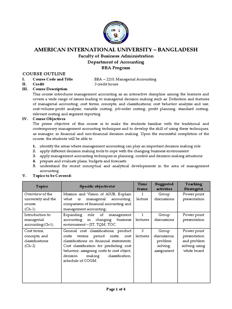 Managerial Accounting Course Outline | PDF | Management Accounting ...