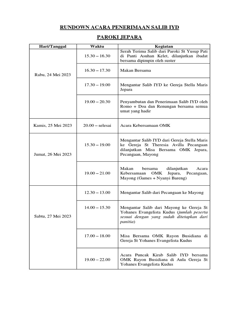 Rundown Acara Penerimaan Salib Iyd | PDF Rundown Acara Penerimaan Salib Iyd | PDF