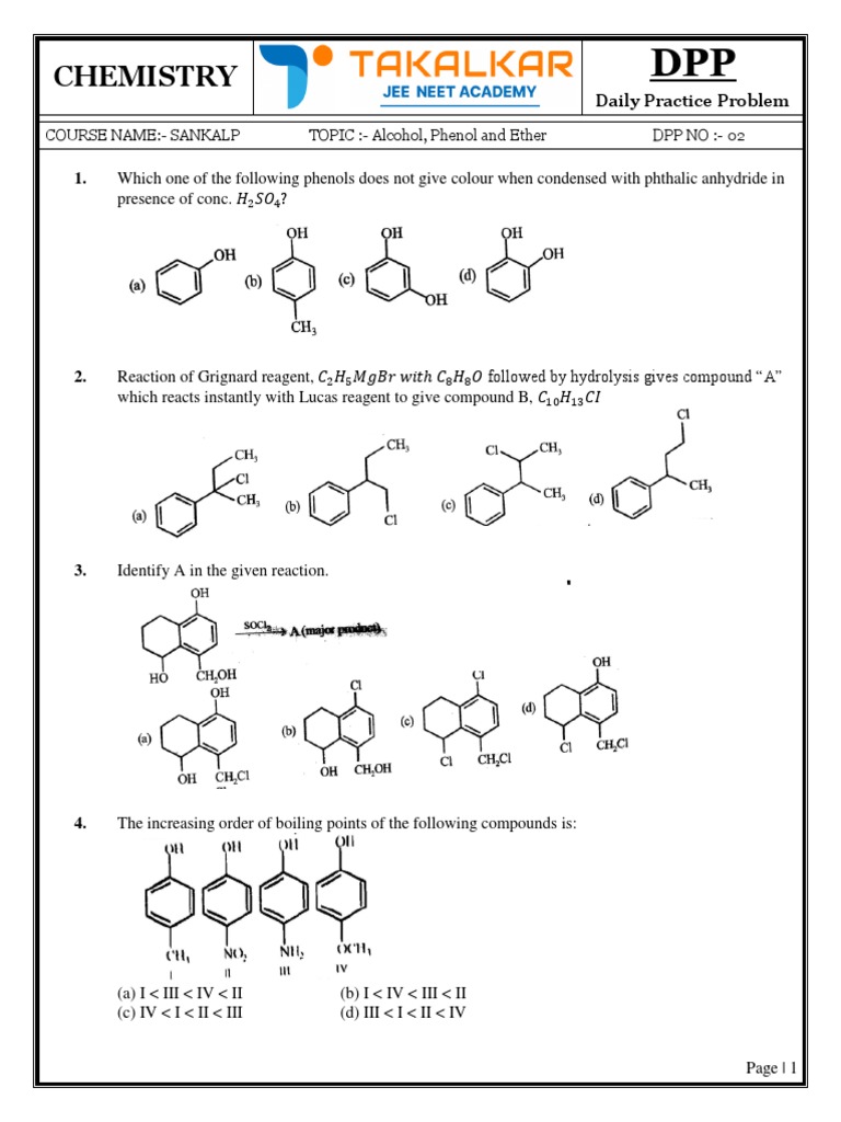Alcohol, Phenol and Ether DPP - 2 | PDF | Ether | Carbon Compounds