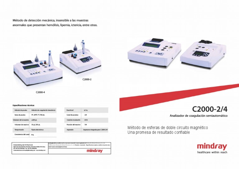 Ficha Técnica Analizador Coagulacion Mindray C2000-2 | PDF