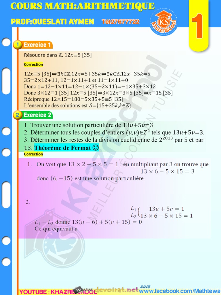 Série Corrigée de Révision N°1 - Math - Arithmétique Exos Corrigés - Bac Mathématiques (2017 ...