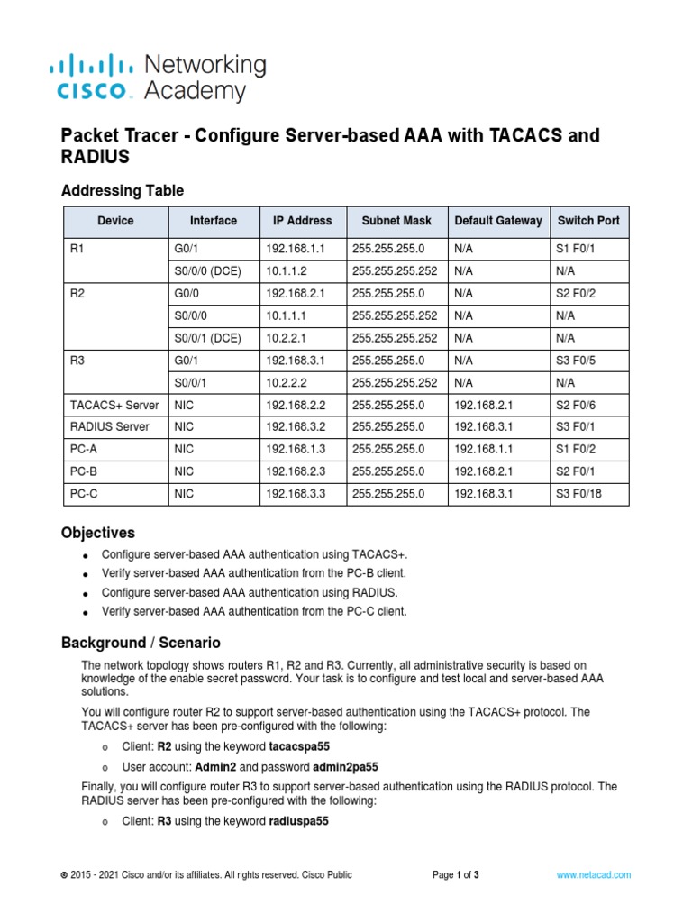 7.4.9 Packet Tracer - Configure Server Based Aaa With Tacacs and Radius ...