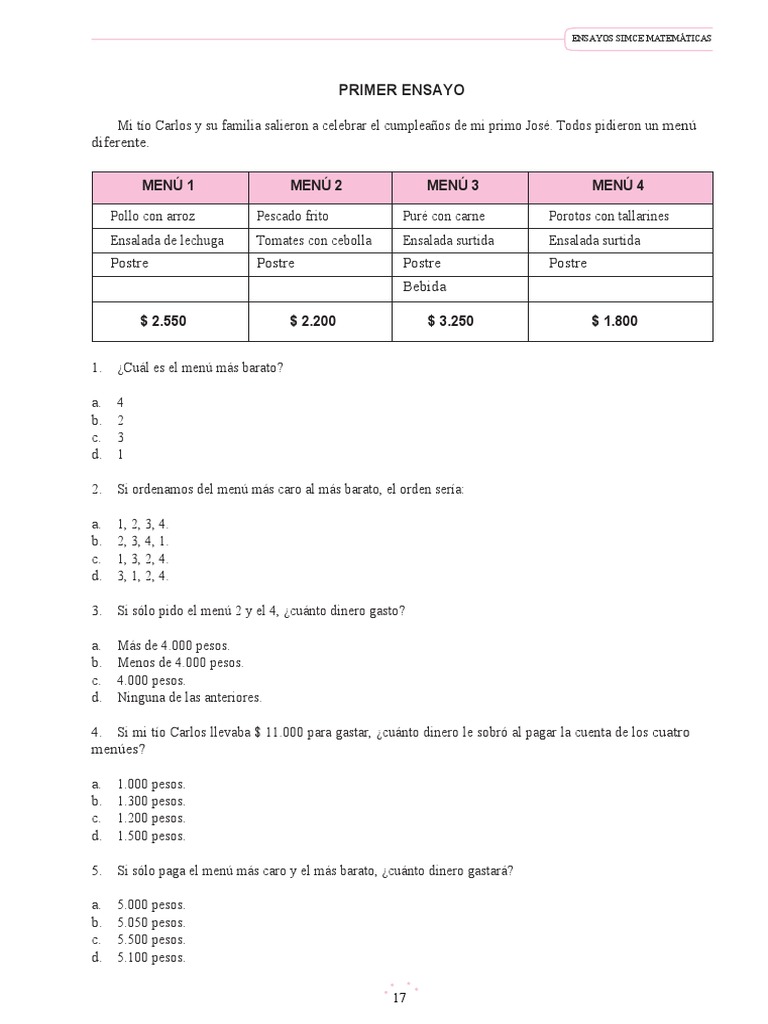Ensayo #1 SIMCE 4º Básico | PDF | Multiplicación | Matemáticas