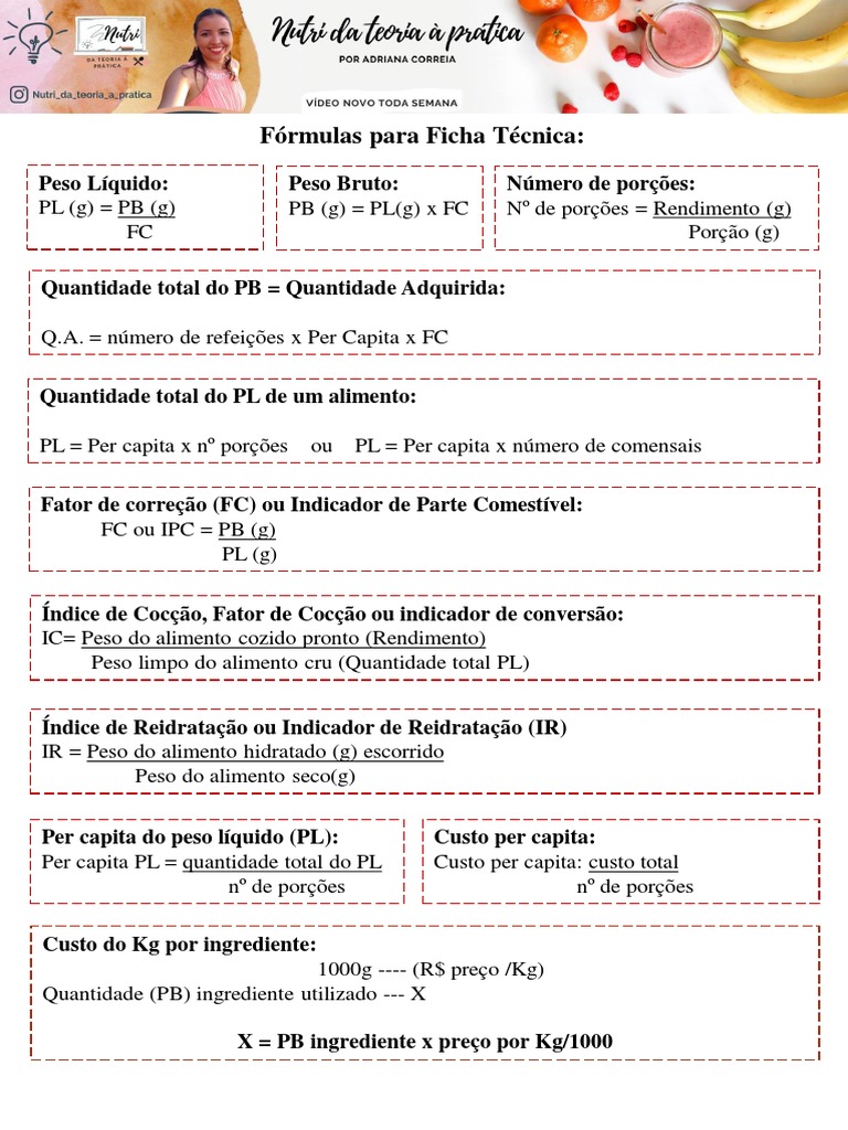 Fórmulas para Ficha Técnica - Canal Nutri Da Teoria A Pratica | PDF ...