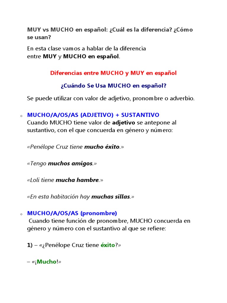 MUY Vs MUCHO en Español | PDF | Adverbio | Adjetivo