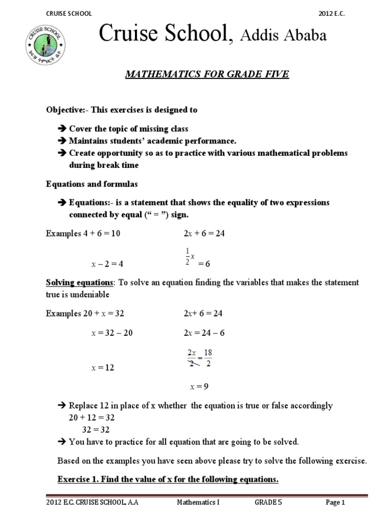 Mathematics For Grade 5 | PDF | Area | Equations