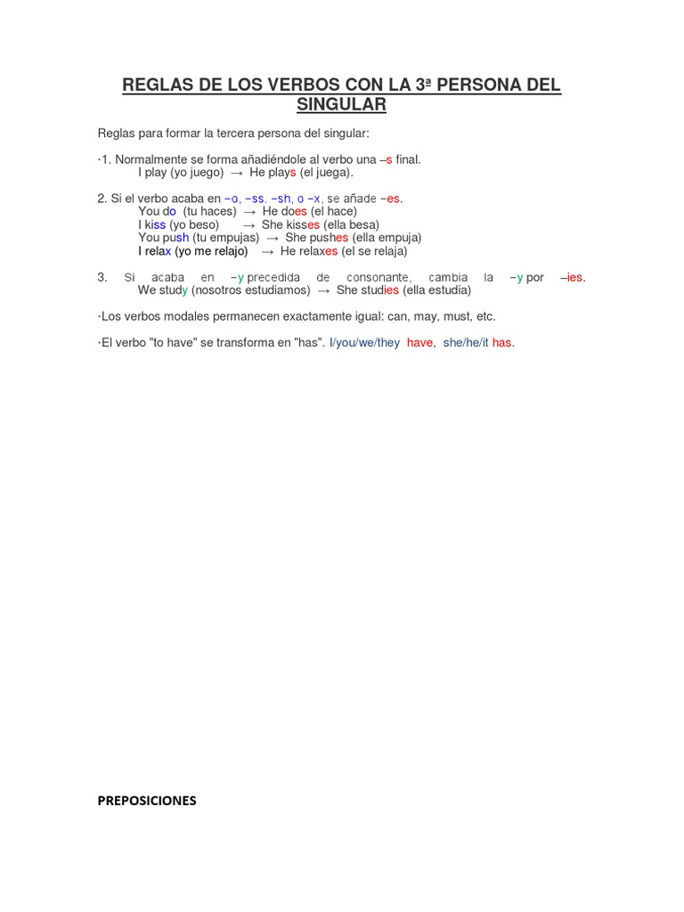 Reglas De Los Verbos Con La 3 Persona Del Singular Pdf Lingüística