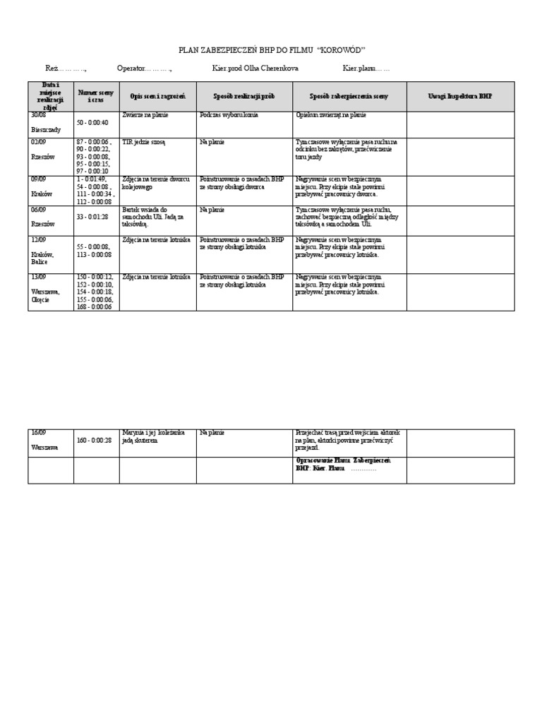 PLAN ZABEZPIECZEŃ BHP DO FILMU - Tabela | PDF