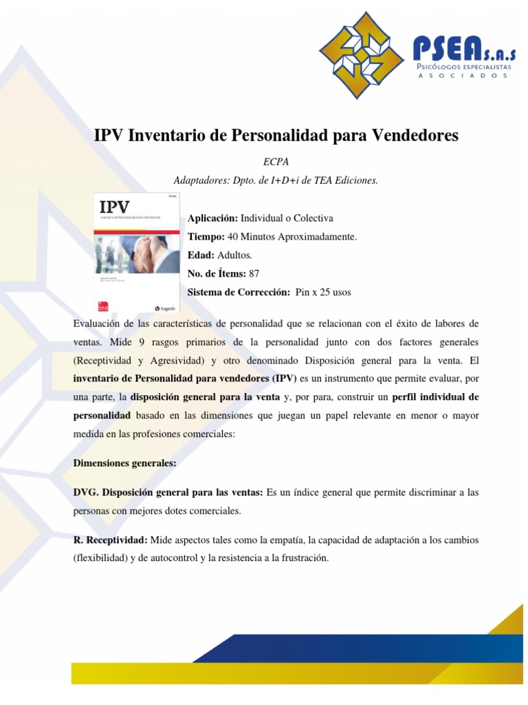 IPV Inventario de Personalidad de Vendedores | PDF | Ciencias del ...