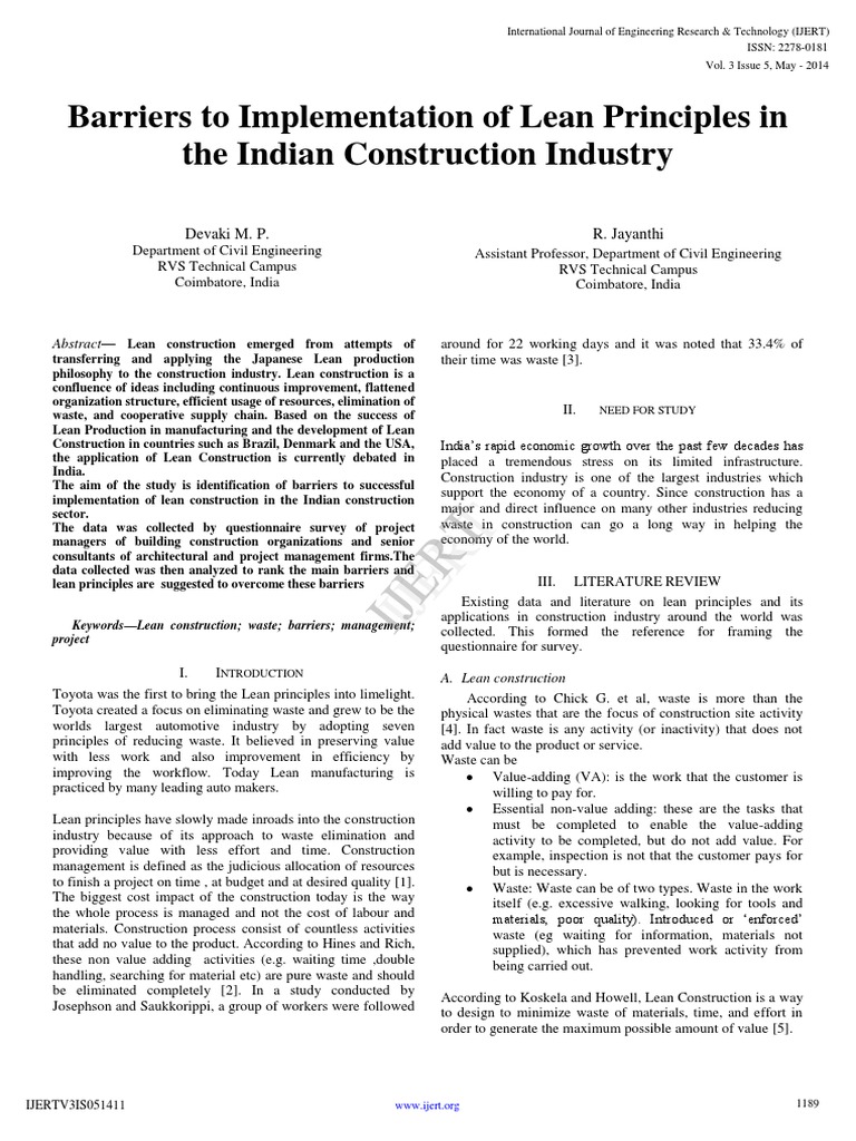 Barriers To Implementation of Lean Principles in The Indian Construction Industry ...